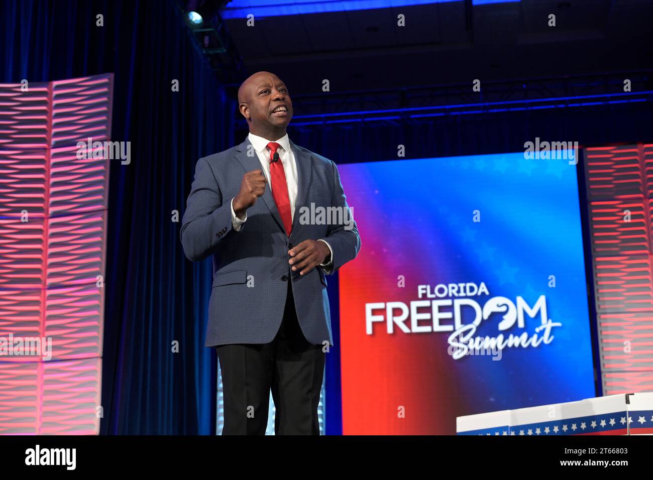 Republican presidential candidate Sen. Tim Scott, R-S.C., speaks to ...