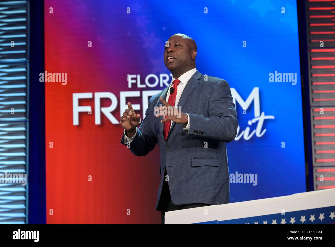 Republican presidential candidate Sen. Tim Scott, R-S.C., speaks to ...