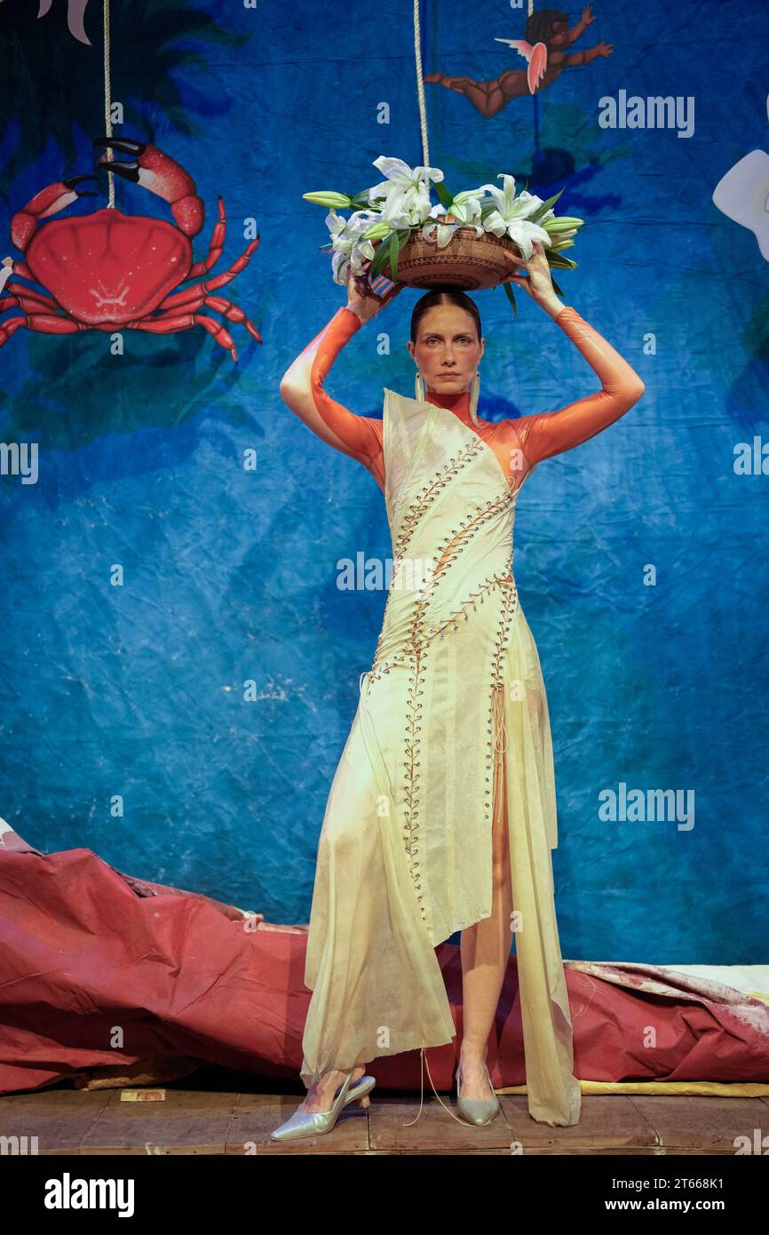 A model wears a creation from Helo Rocha collection during the Sao ...