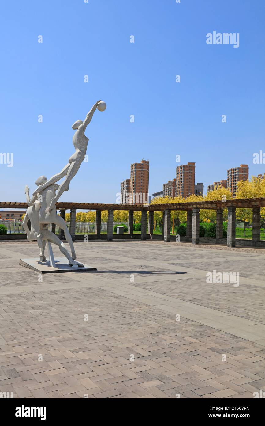 Volleyball player sculpture in the park, Tangshan, China Stock Photo ...