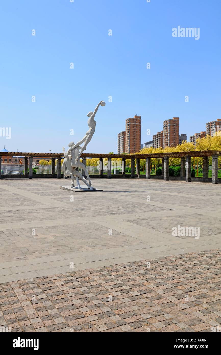 Volleyball player sculpture in the park, Tangshan, China Stock Photo ...