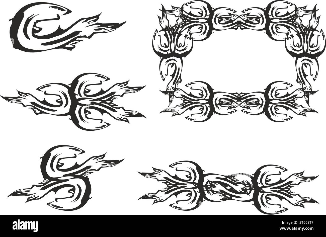 Black-white fish symbols like a shark for your design. Twirled detailed ...