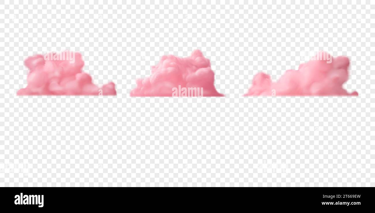 Realistic pink fluffy clouds. Set of vector icons. 3d cute swirling ...