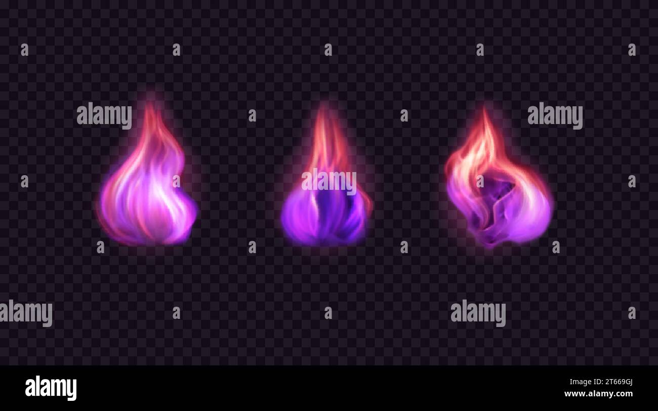 Set of vector sparkling flames. Realistic style. Glowing purple ...