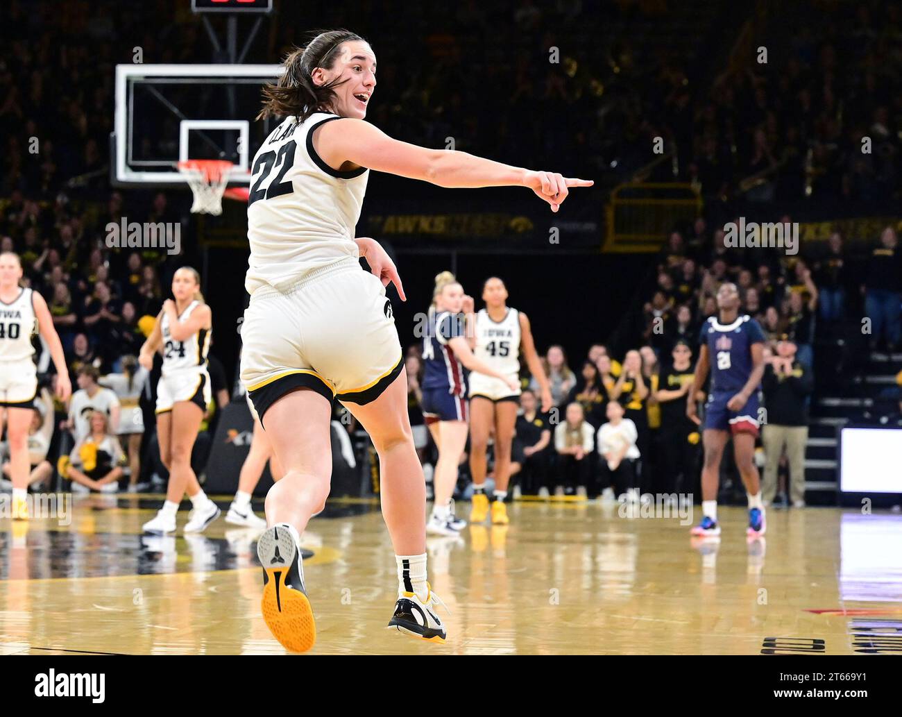 IOWA CITY, IA - NOVEMBER 06: Iowa guard Caitlin Clark (22) gestures to ...