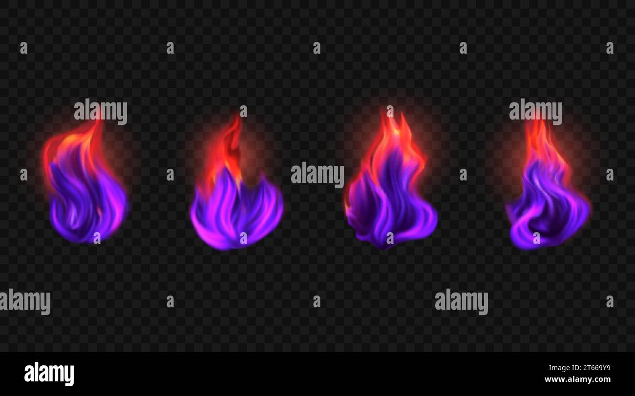 Set of burning purple flame. Vector illustration. Realistic orange and ...