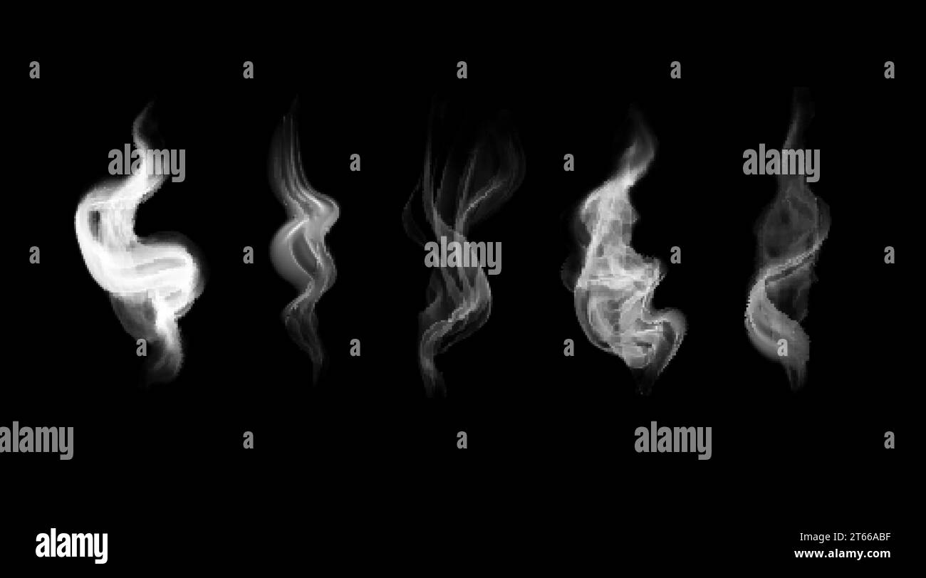 Vector realistic hot food and drink steam. Set of white wavy smoke ob ...