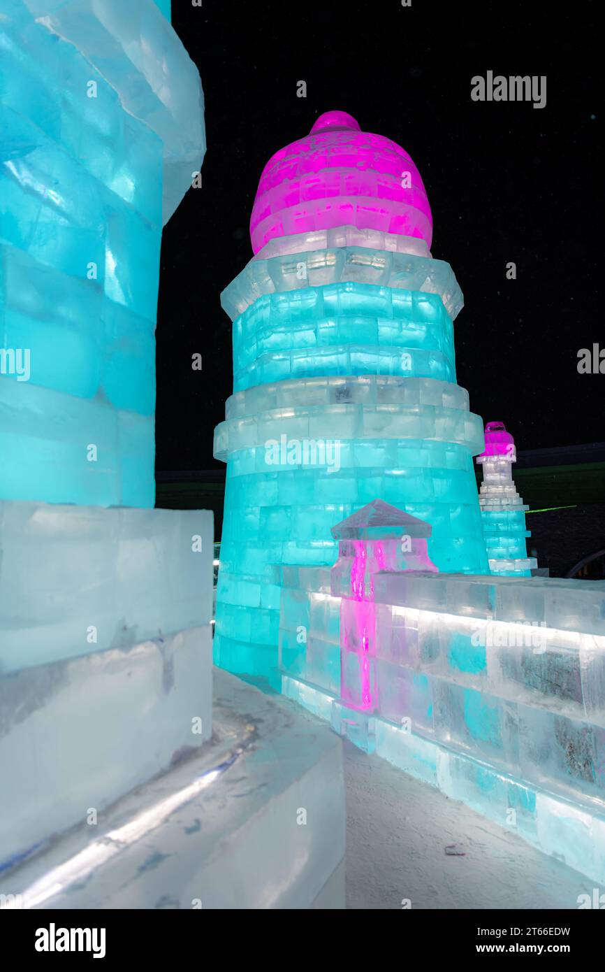 HARBIN, CHINA - January 1, 2022: Spectacular ice castle sculptures at ...
