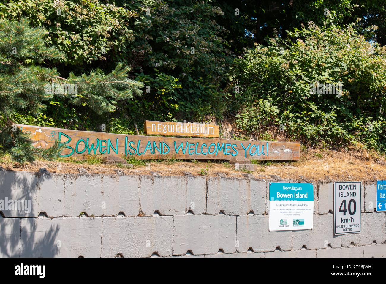Bowen Island, CANADA - Jun 28 2023 : A sign “Bowen Island Welcomes You ...