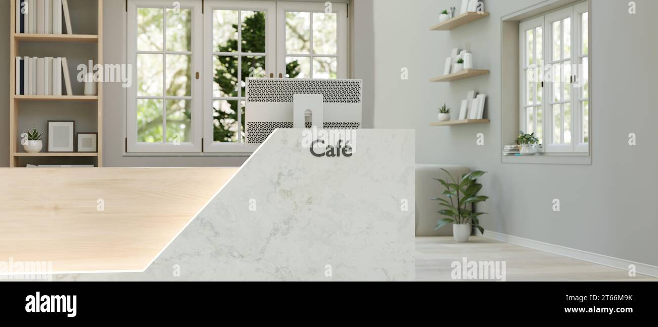 A modern luxury cafe cashier counter with a computer in a minimalist ...