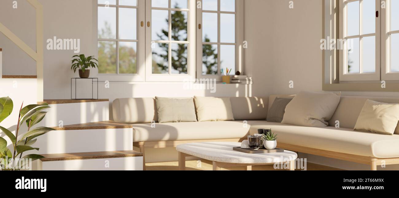 Interior design of a modern white living room with a comfortable corner ...