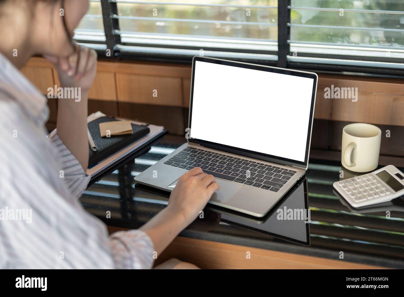 Back view of a businesswoman working on her laptop indoors, looking at ...