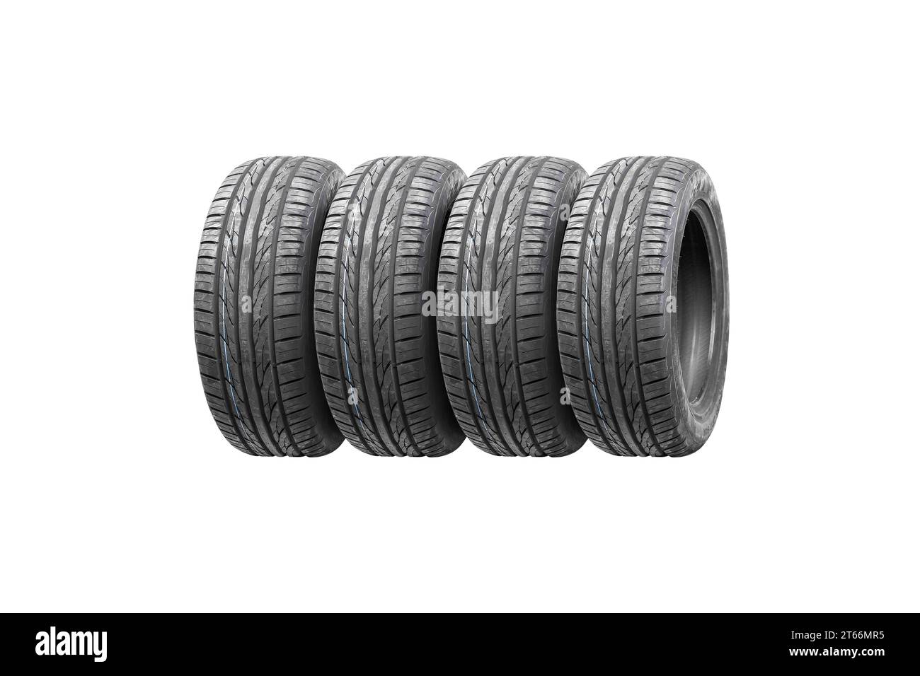New car tires with colored lines on the tread , car tires row isolated ...