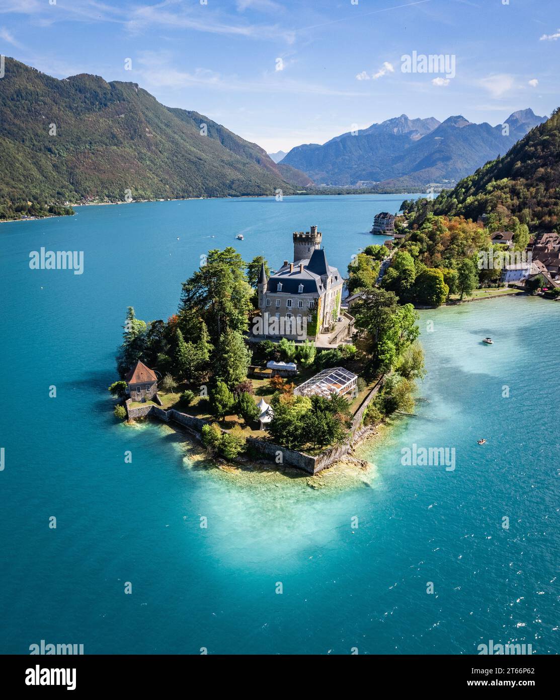 Aerial view of Duingt castle or Chateau de Duingt in Annecy lake, Haute ...