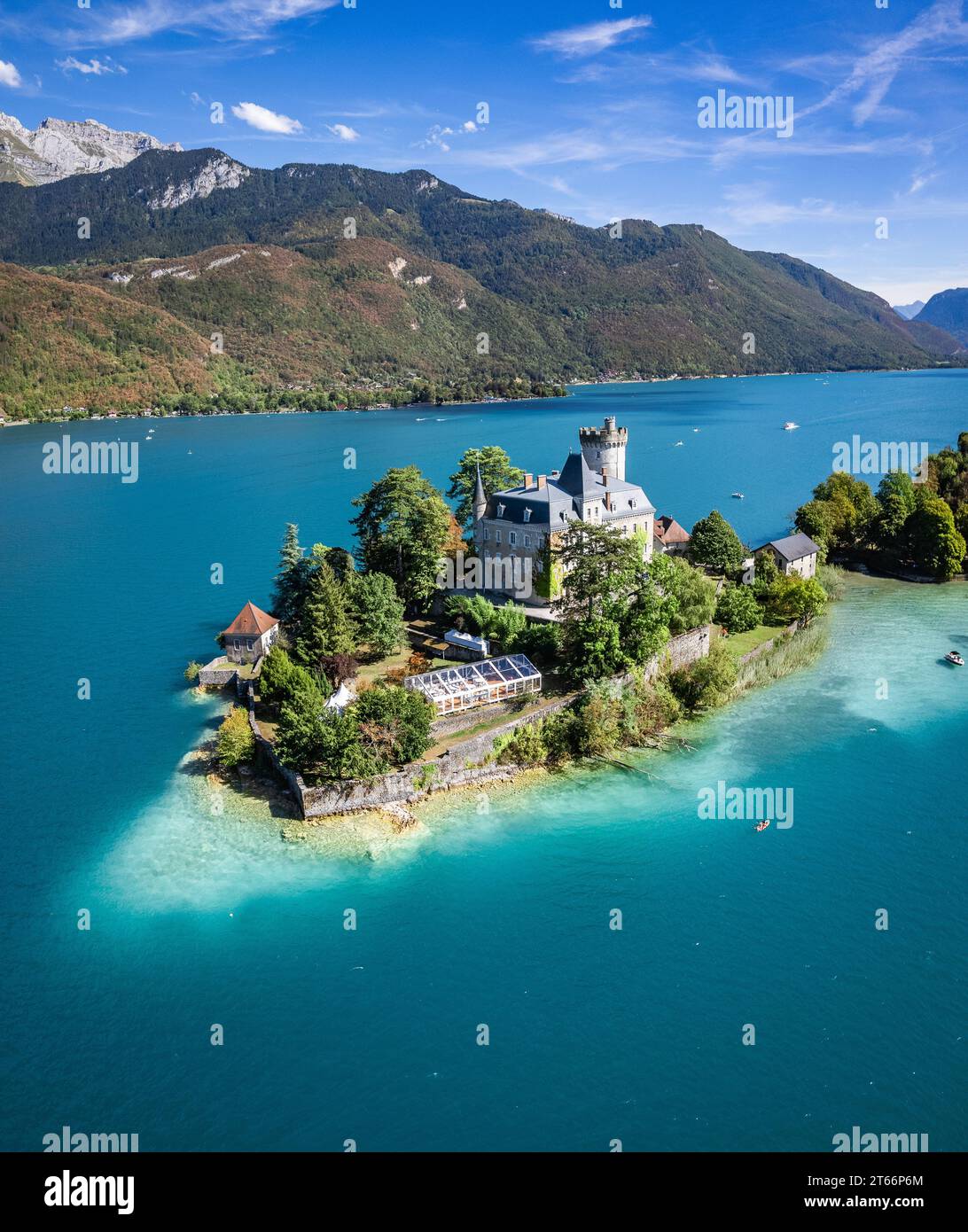 Aerial view of Duingt castle or Chateau de Duingt in Annecy lake, Haute ...