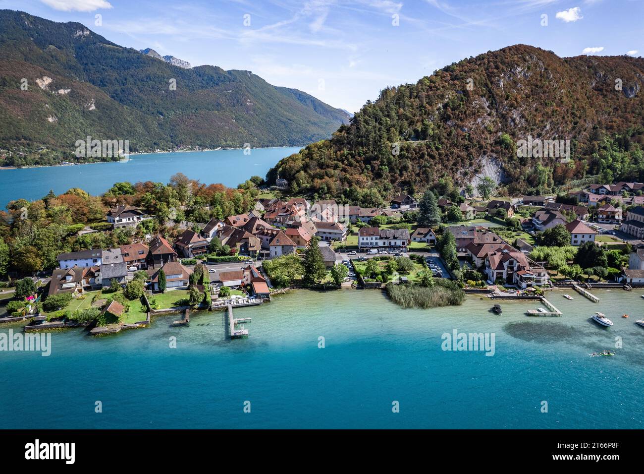 Aerial view of Duingt castle or Chateau de Duingt in Annecy lake, Haute ...