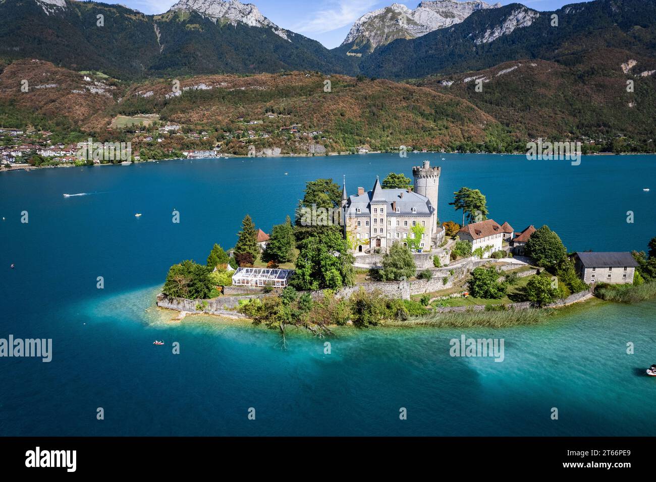 Aerial view of Duingt castle or Chateau de Duingt in Annecy lake, Haute ...