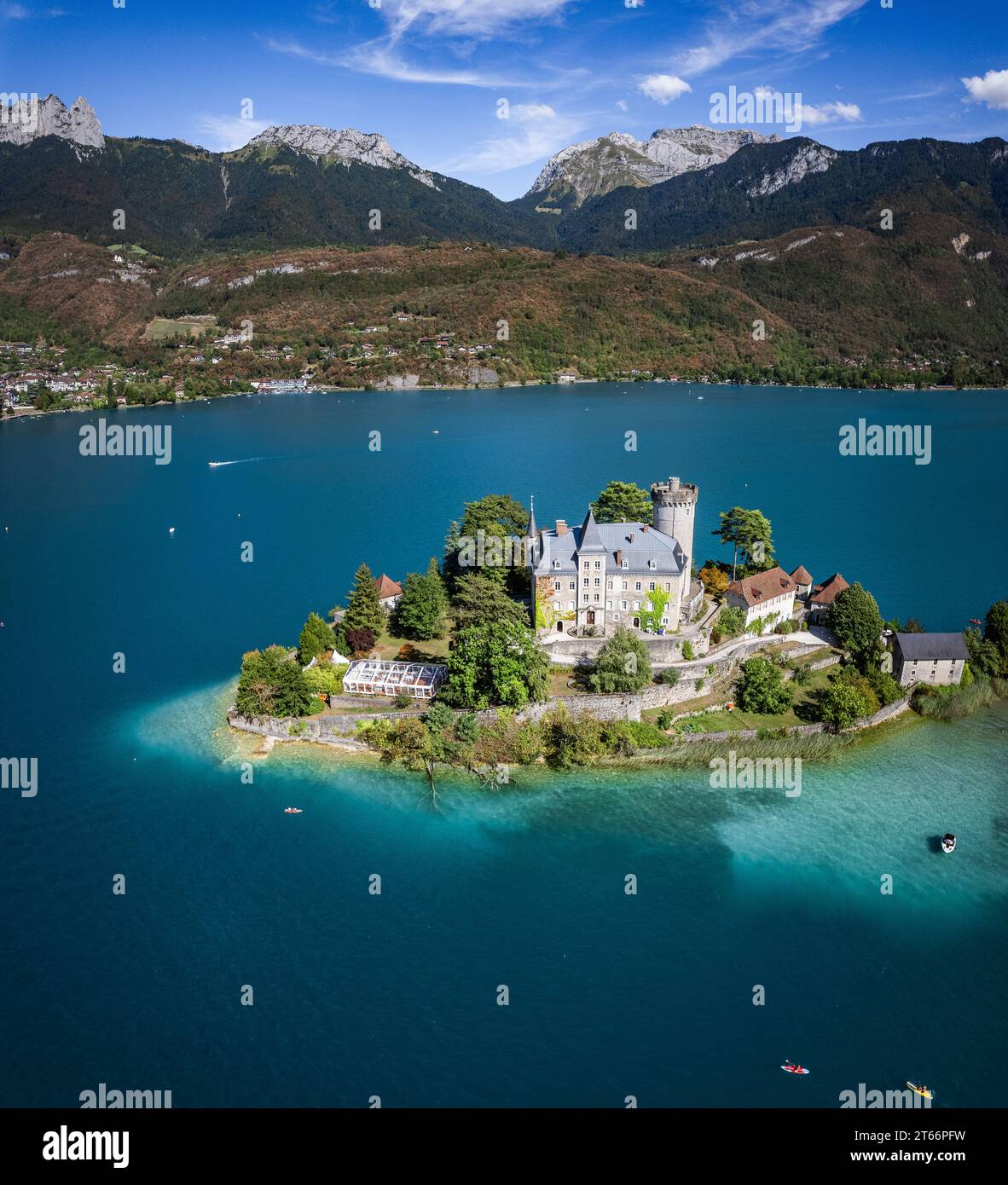Aerial view of Duingt castle or Chateau de Duingt in Annecy lake, Haute ...