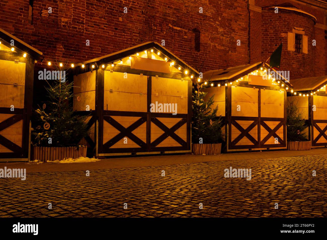 Holiday Decorated and illuminated street at night in Gdansk Poland ...