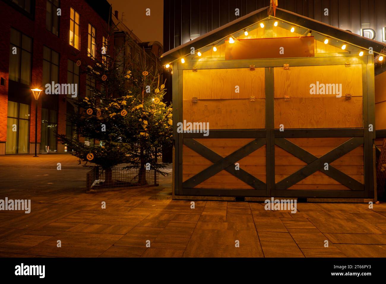 Holiday Decorated and illuminated street at night in Gdansk Poland ...