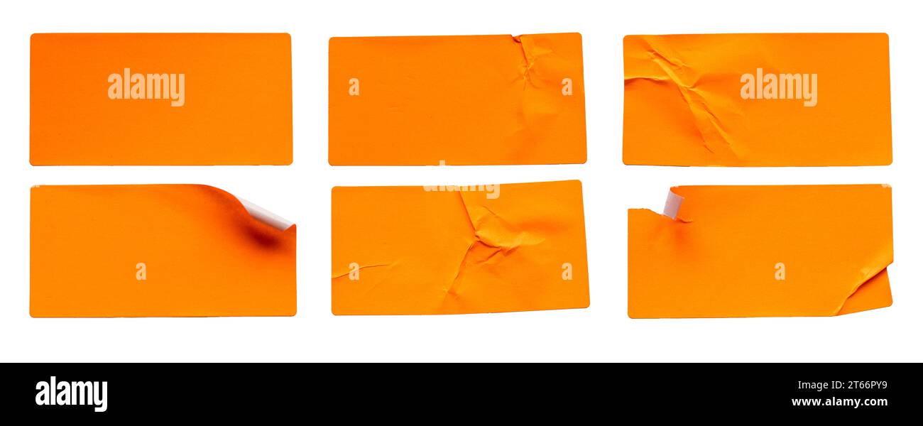 A set of orange rectangular paper sticker label isolated on white ...