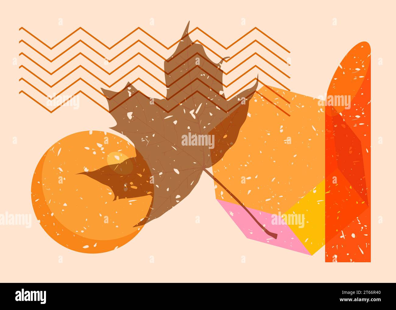 Risograph Autumn Leaf with geometric shapes. Objects in trendy riso ...