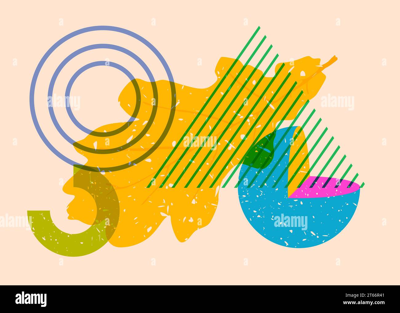 Risograph Autumn Leaf with geometric shapes. Objects in trendy riso ...