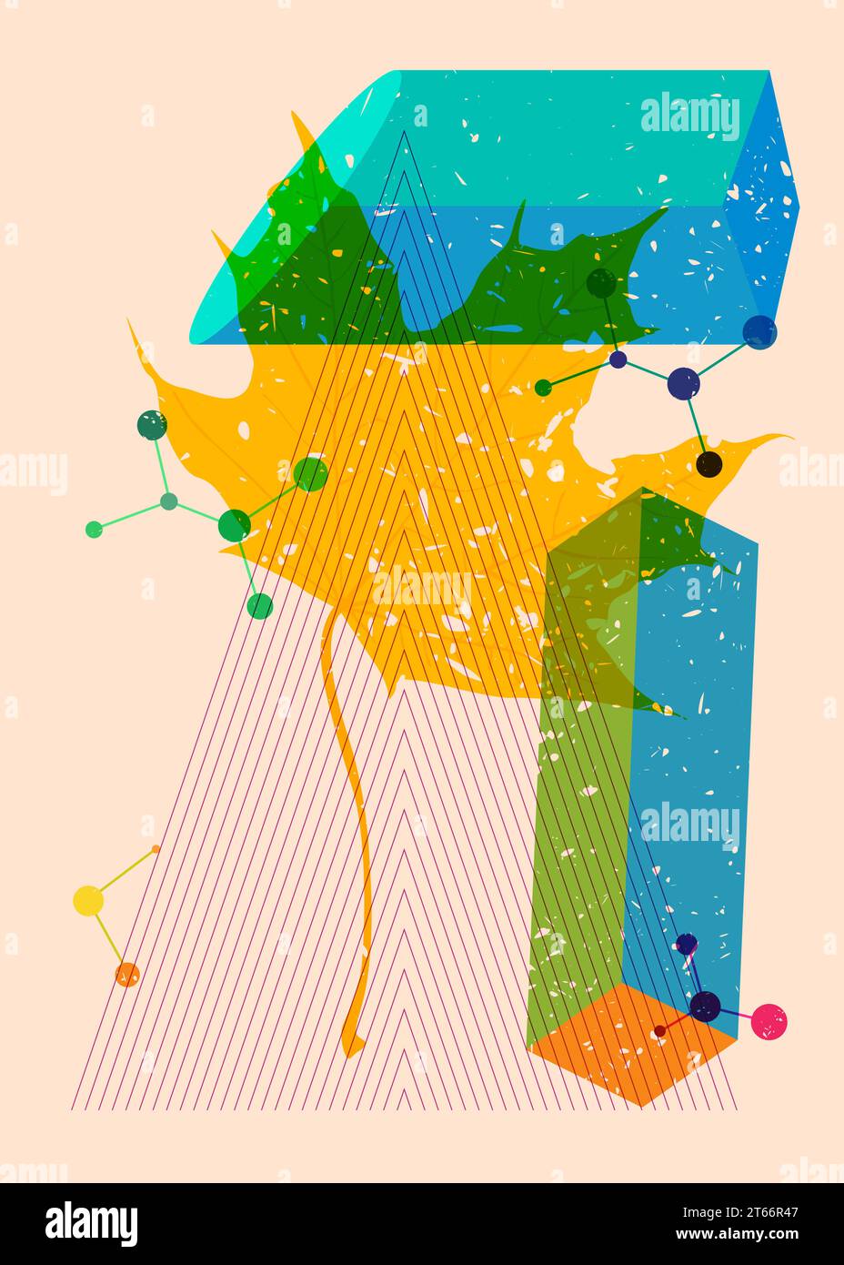 Risograph Autumn Leaf with geometric shapes. Objects in trendy riso ...