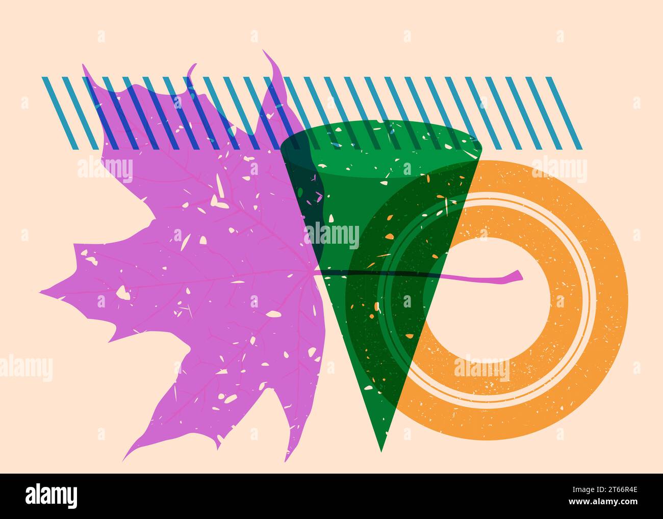 Risograph Autumn Leaf with geometric shapes. Objects in trendy riso ...