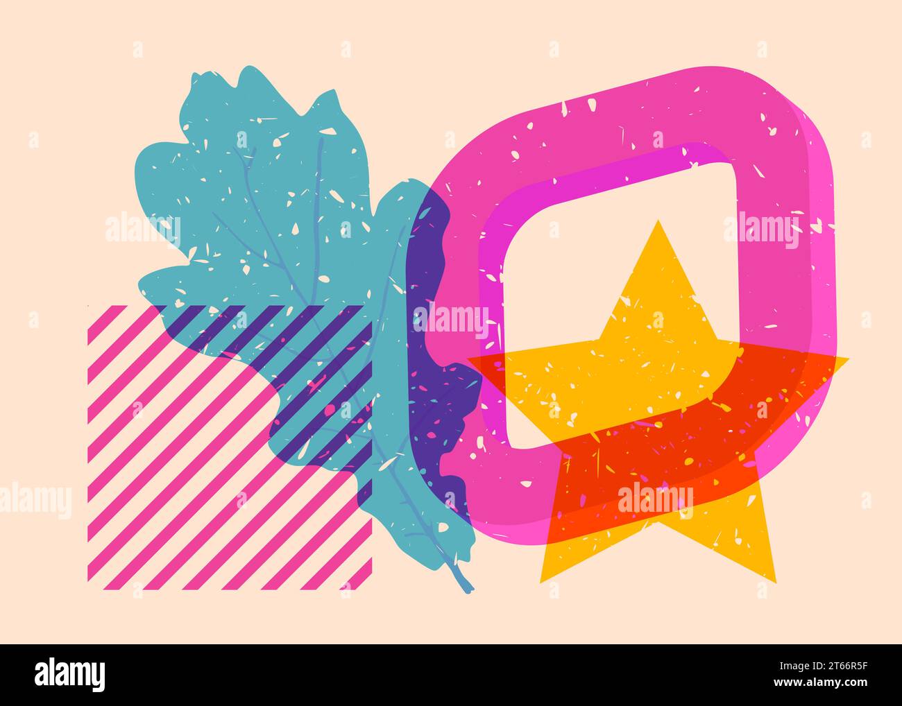 Risograph Autumn Leaf with geometric shapes. Objects in trendy riso ...