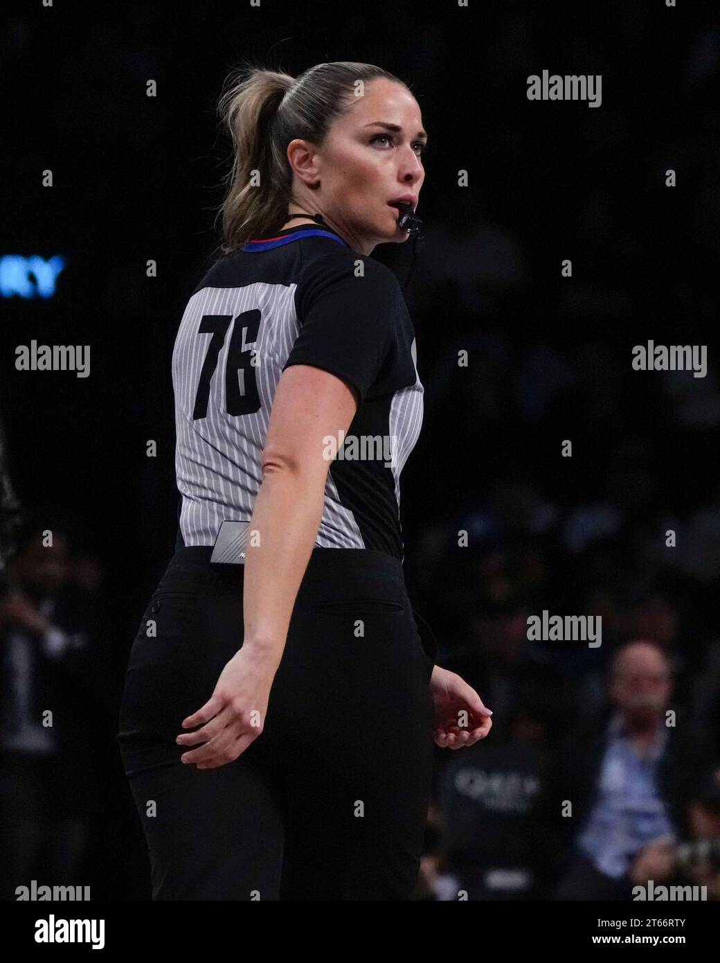 Referee Clare Aubry works during the first half of an NBA basketball ...