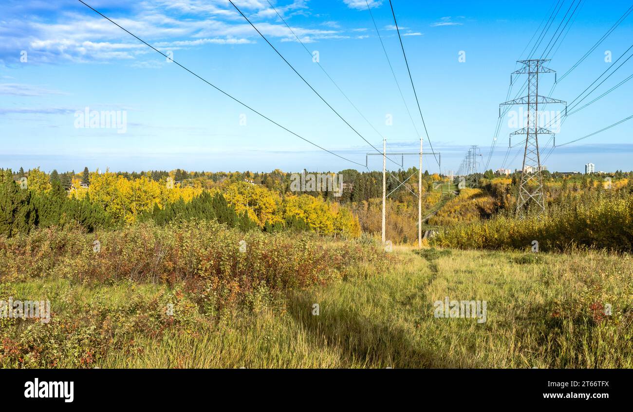 City of Edmonton transmission line corridor in fall season with blue ...