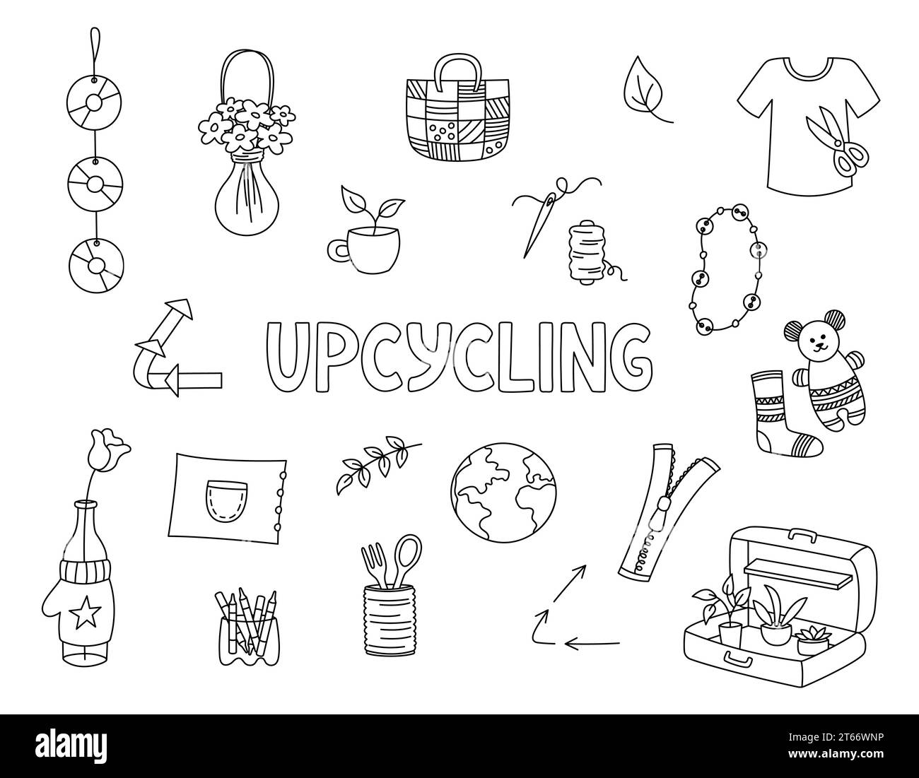 Upcycling doodles set. Vector hand drawn clipart illustrations. Upcycle ...