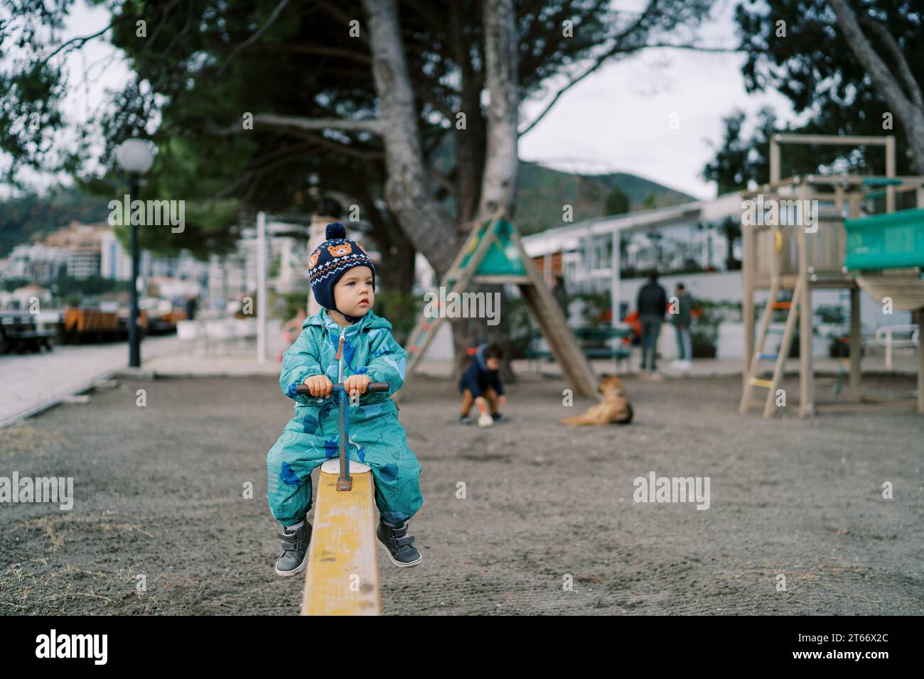 Little girl sits on a swing-balancer and looks away Stock Photo - Alamy