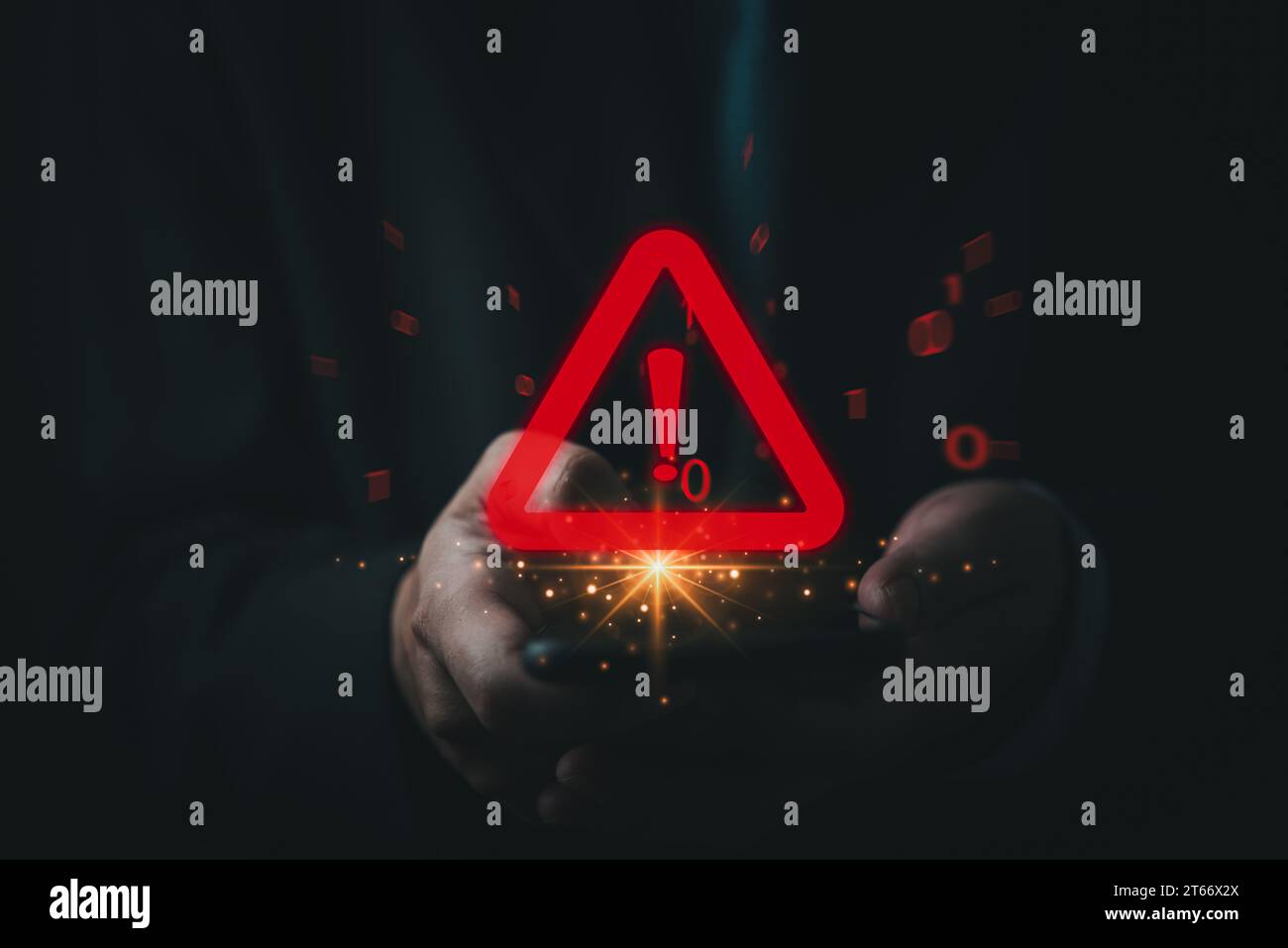 Businessman using mobile phone red triangle warning sign with ...