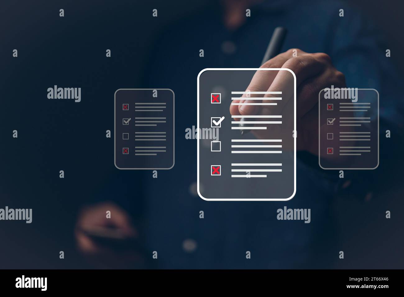 man chooses questionnaire with checkbox, survey form online, answer ...