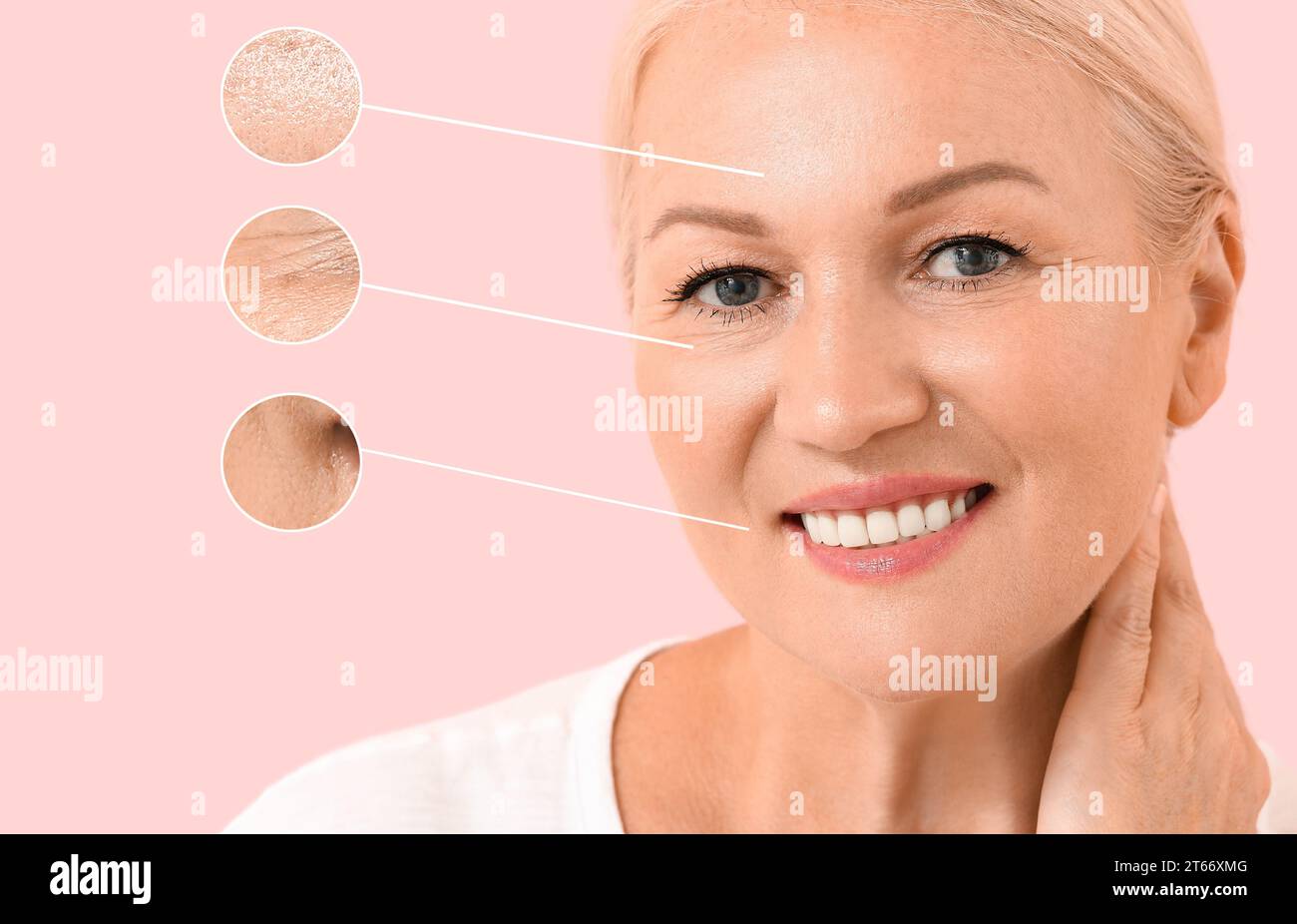 Mature woman and macro view of her skin texture on pink background ...