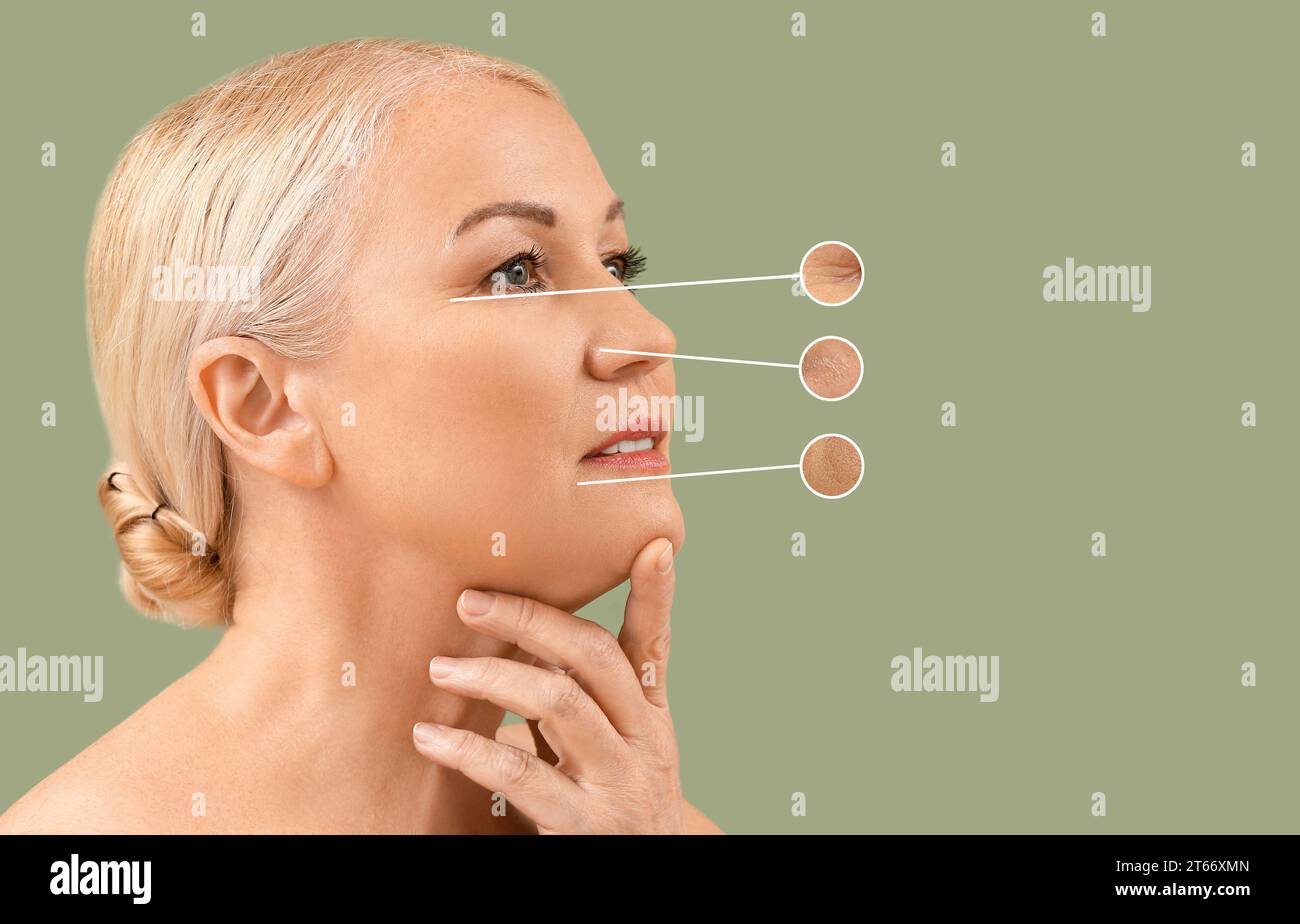 Mature woman and macro view of her skin texture on green background ...