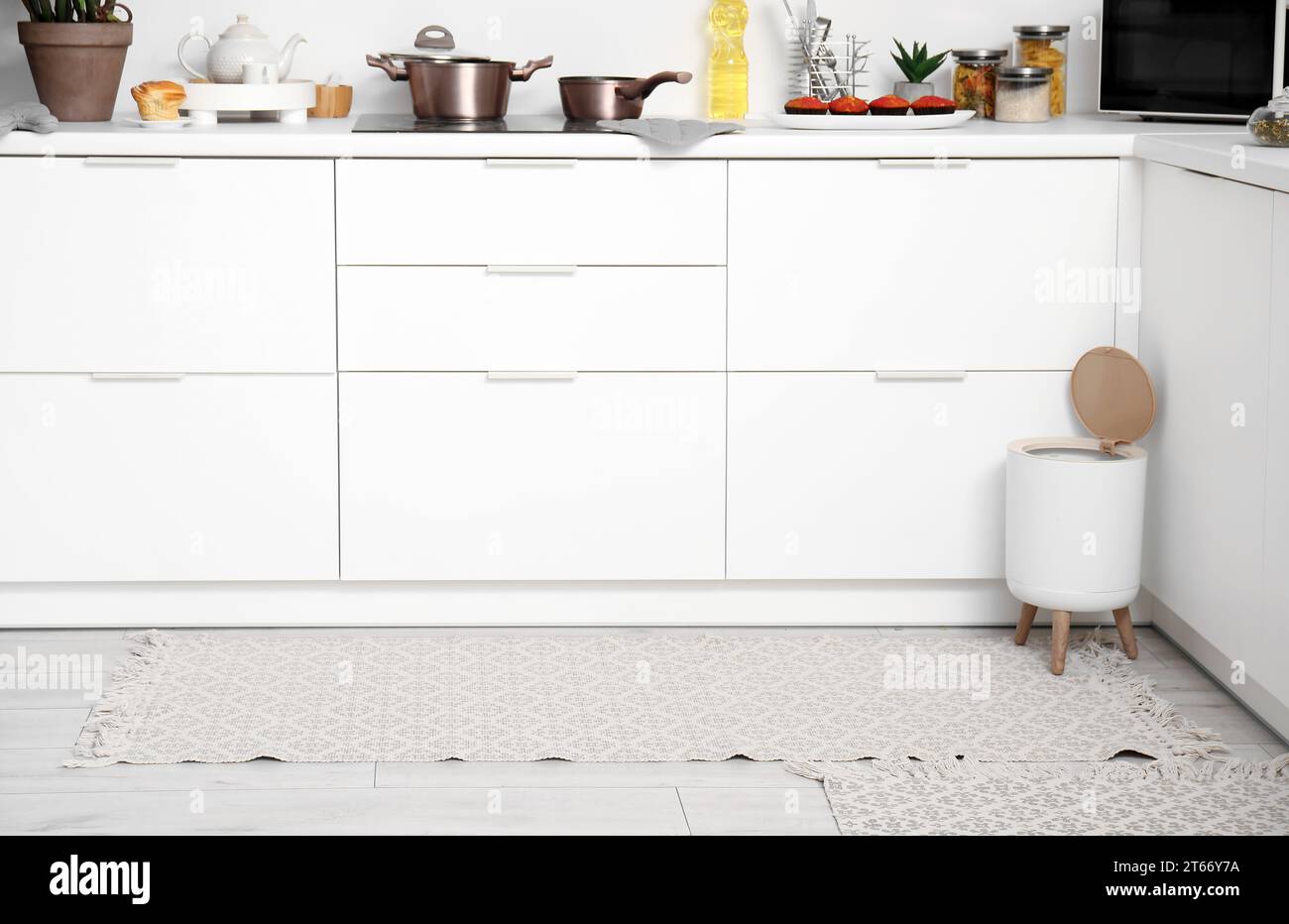 Interior of modern kitchen with stylish rug, trash bin and white ...