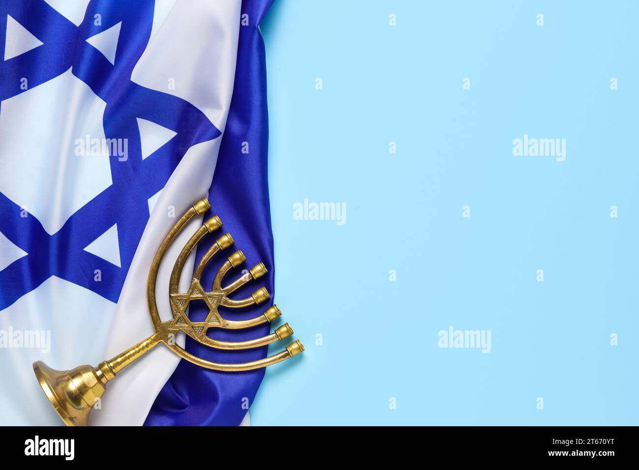 Flag of Israel and menorah on blue background. Hanukkah celebration ...