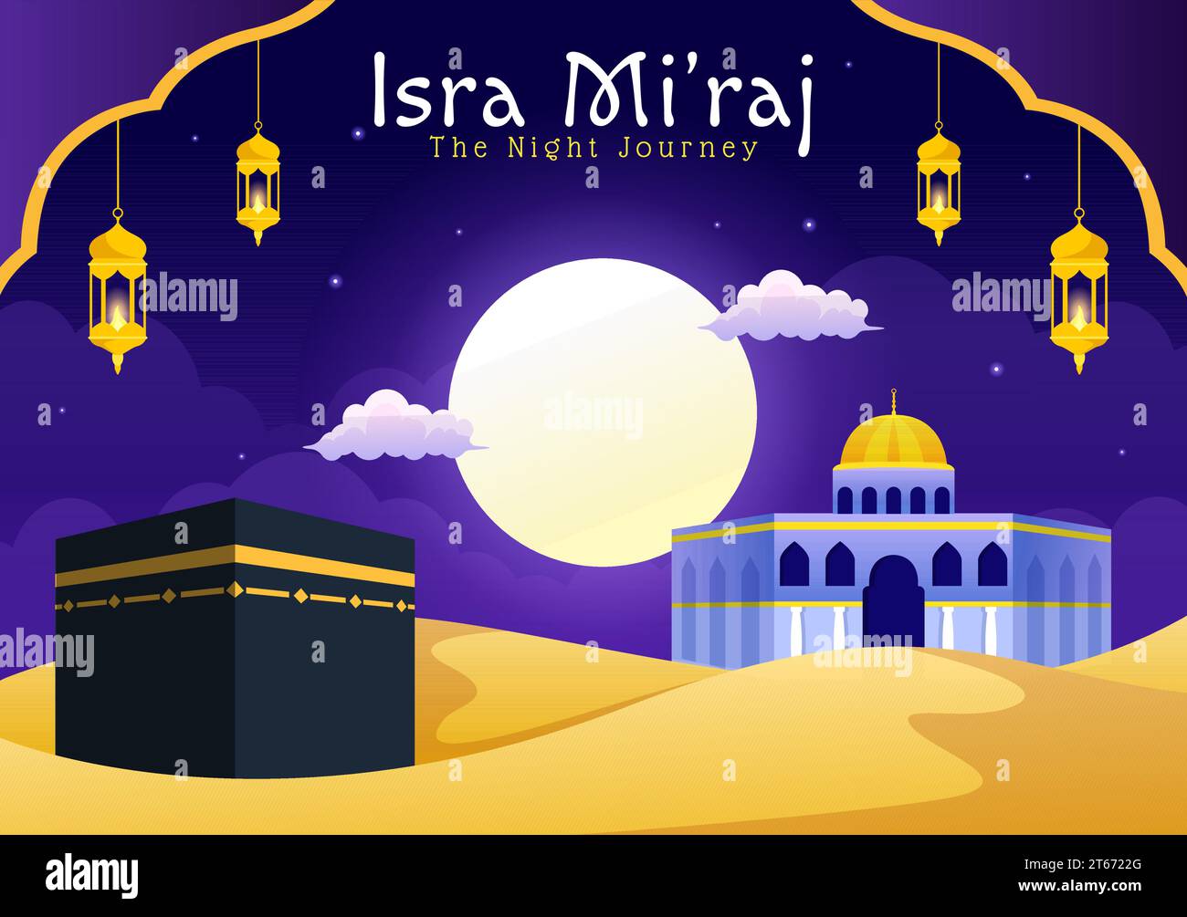 Isra Mi'raj Vector Illustration. Translation The Night Journey Prophet Muhammad. with Mosque and ...
