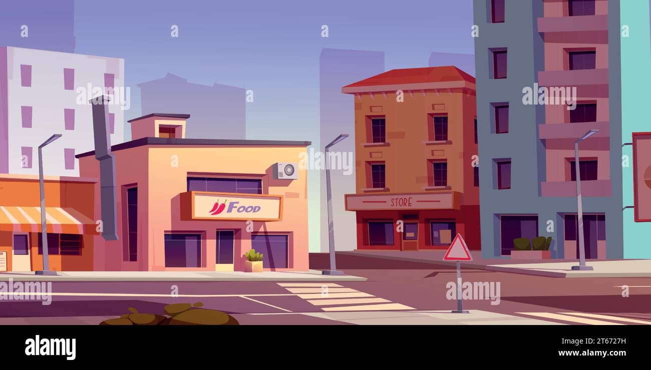 City street intersection - cartoon town landscape with multistorey ...