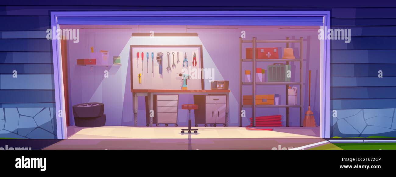 Workshop interior in garage room cartoon vector background. Carpentry ...
