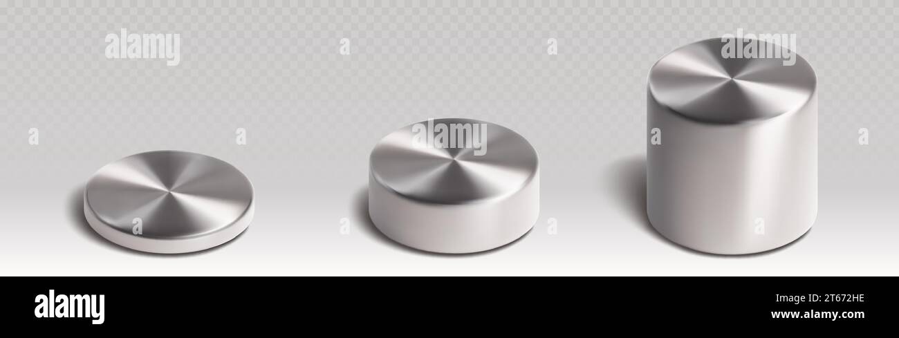 Silver metallic cylinder product podiums of different height. Realistic ...