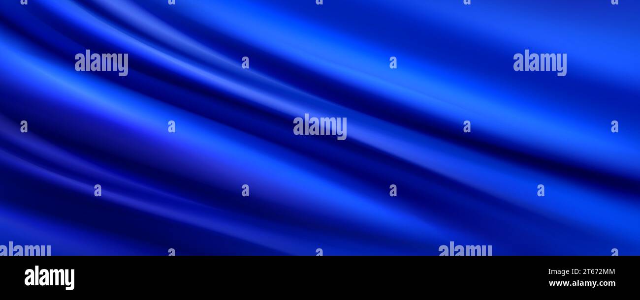 Blue silk fabric background with liquid ripples and folds effect. Realistic vector illustration ...