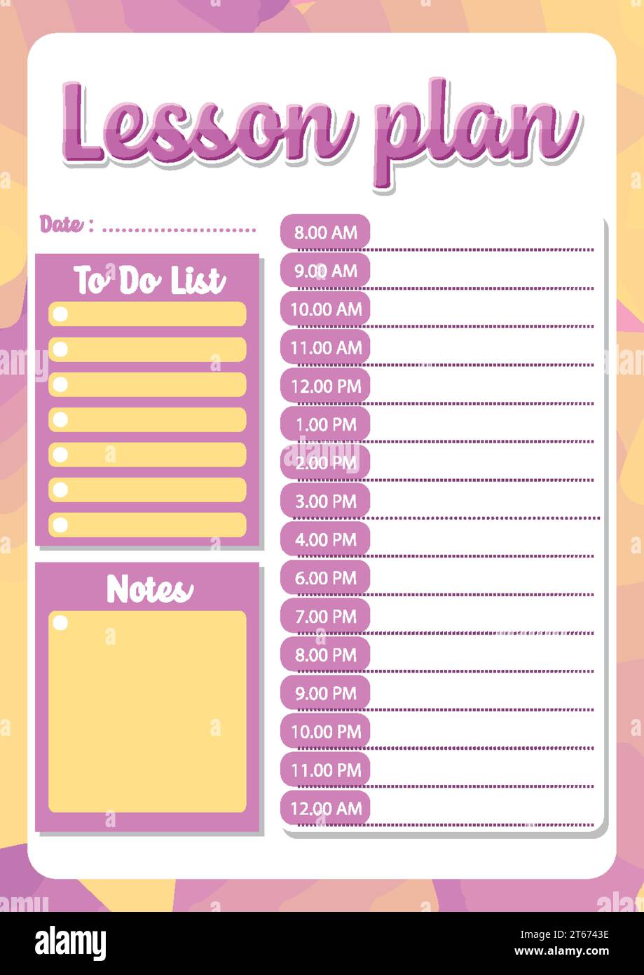 A vector cartoon illustration of a lesson plan schedule divided by hour ...