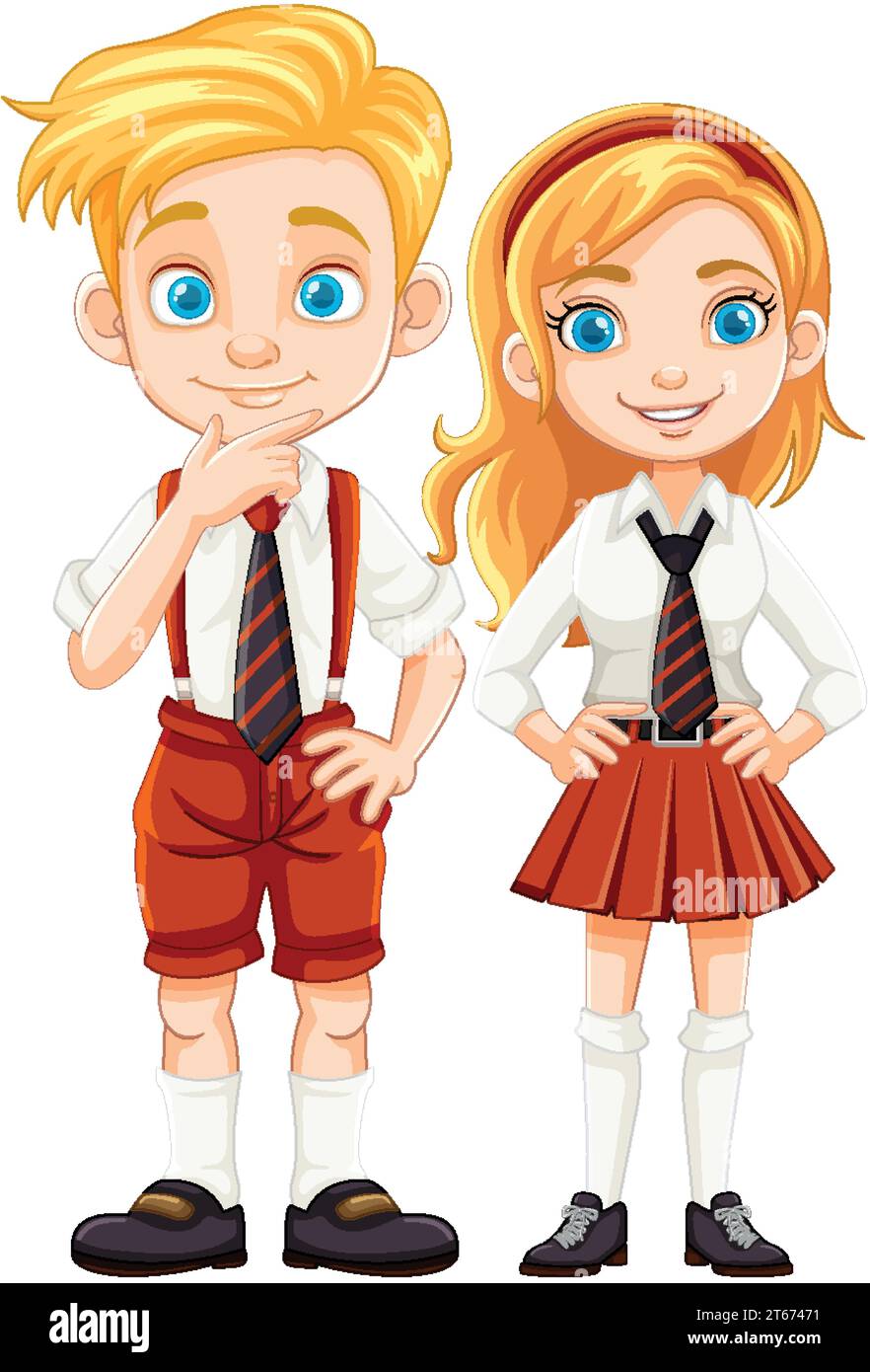 Vector cartoon illustration of two students, a boy and a girl, wearing school uniforms Stock ...