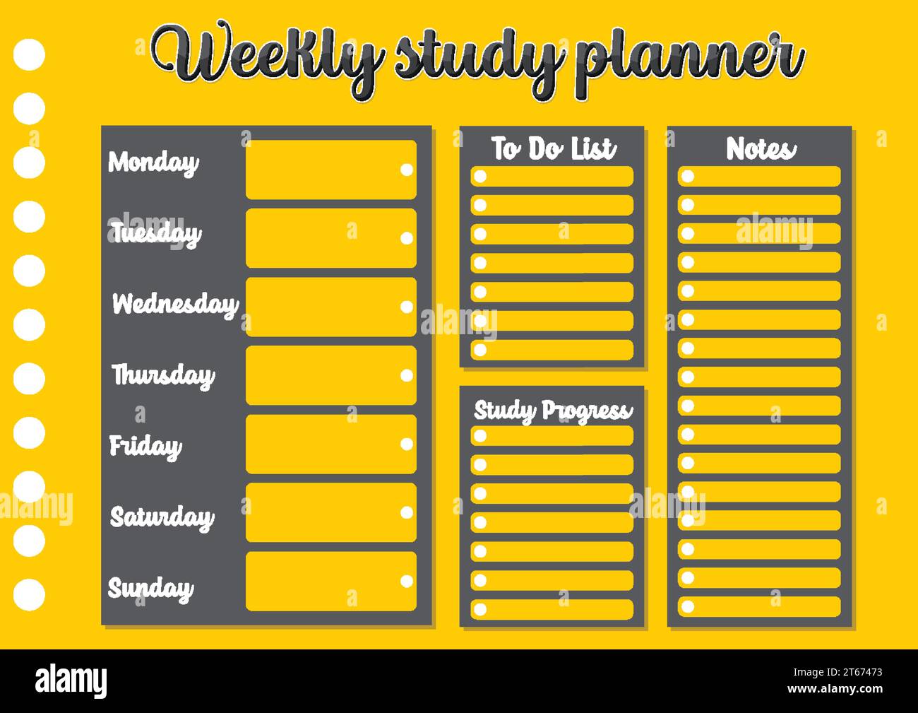 A vector cartoon illustration of a yellow weekly study plan divided by ...