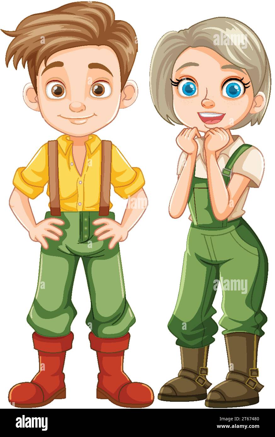 An adorable young farmer couple depicted in a charming vector cartoon ...