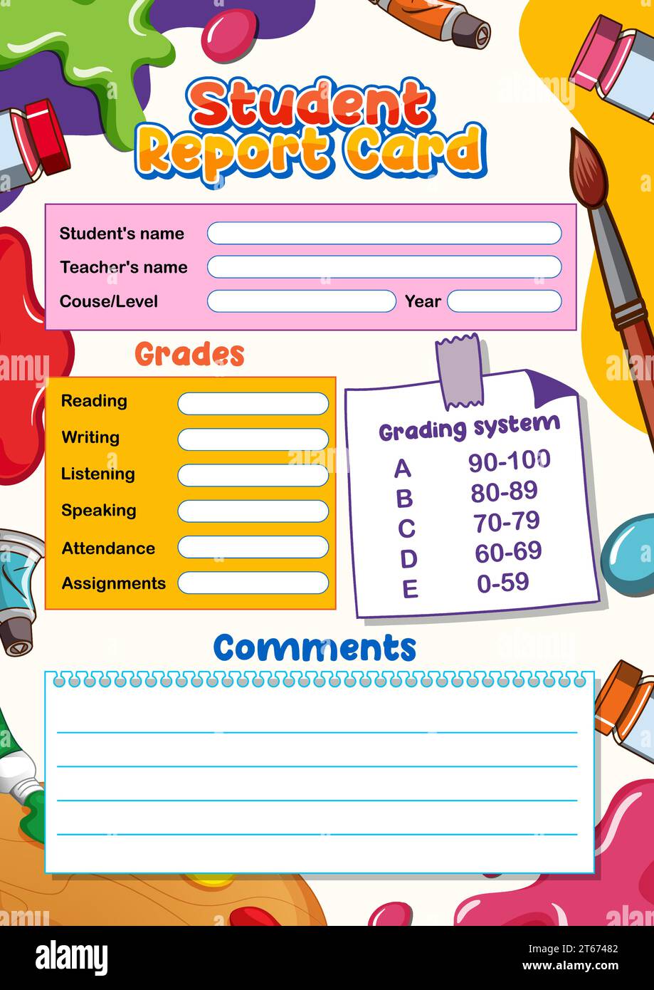 Printable vector illustration of a teacher-themed report card Stock ...